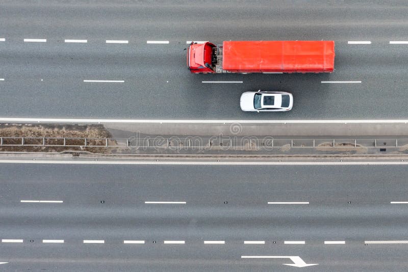 Aerial View of a Red Truck Moving on the Road Stock Photo - Image of ...