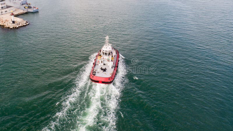 Aerial View of Red Tug Boat Sailing Stock Photo - Image of ship ...
