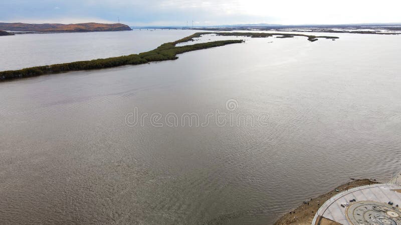 Aerial View of Red and Yellow Trees, Islands, River, Cliffs and Hills ...