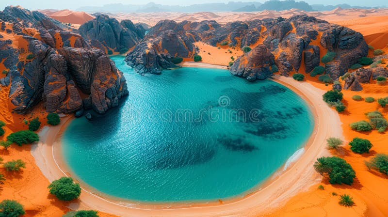 Aerial View of a Remote Desert Oasis Amidst Endless Sand Dunes Stock ...