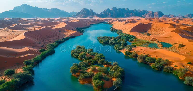 Aerial View of a Remote Desert Oasis Amidst Endless Sand Dunes Stock ...