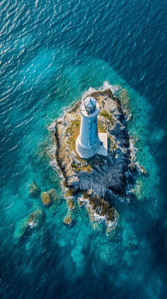 Aerial View of a Remote Lighthouse in the Middle of the Ocean Stock ...