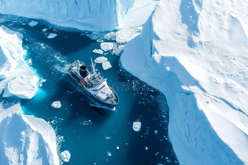 Aerial View of a Research Vessel Navigating Icy Waters Near Towering ... Aerial View of a Research Vessel Navigating Icy Waters Near Towering ...