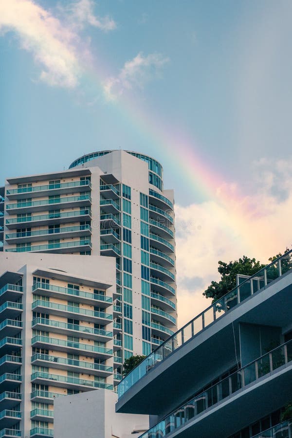 Aerial View of Residential Building Facade Under Rainbow Stock Image ...