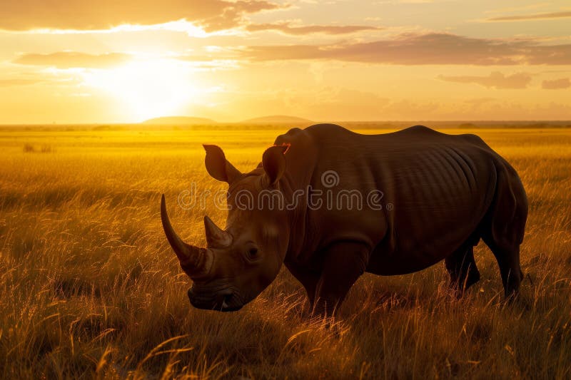 Aerial View of Rhino in Savannah at Sunset Stock Image - Image of ...