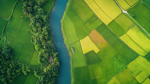 Aerial View Rice Paddy Fields River Stock Illustration - Illustration ...