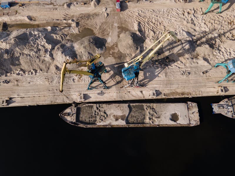 Aerial View of River Cargo Crane for Loading Sand Onto a Barge Stock ...