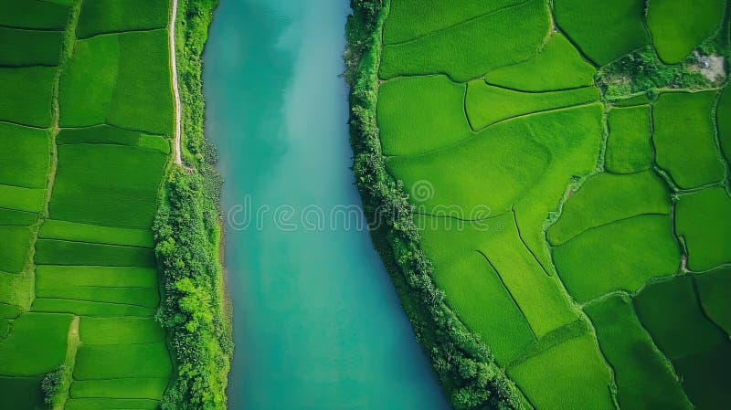Aerial View of River Cutting through Green Rice Terraces Stock ...