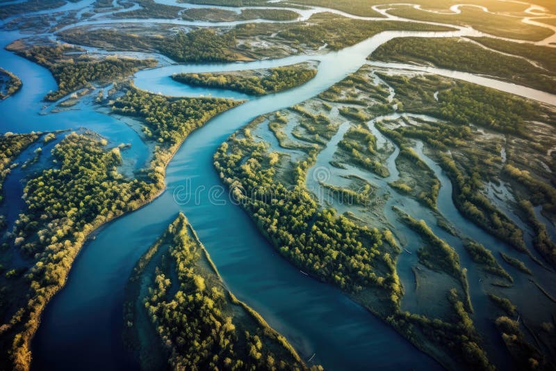 Aerial View of River Delta Branching into the Sea Stock Illustration ...