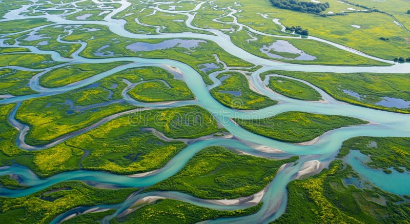 Aerial View of a River Delta Featuring a Complex Network of Winding ...