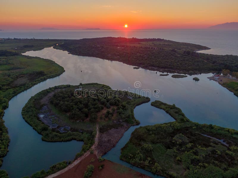 Aerial View of a River Delta at Sunset Stock Photo - Image of water ...