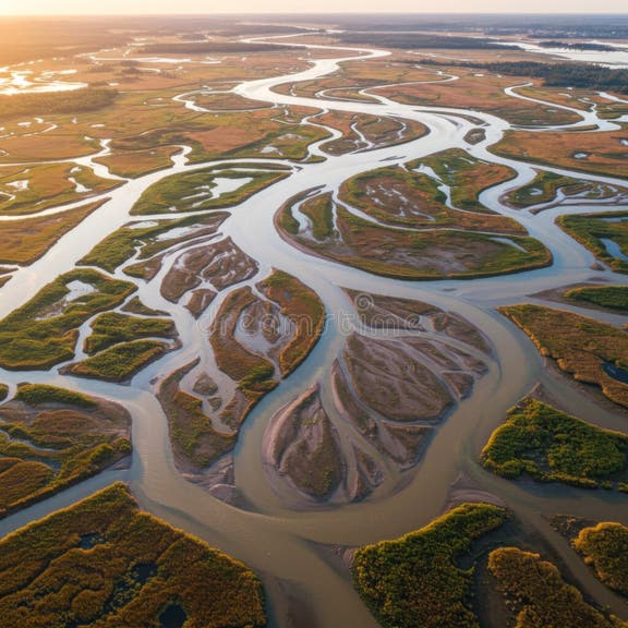 Aerial View of a River Delta at Sunset Stock Illustration ...