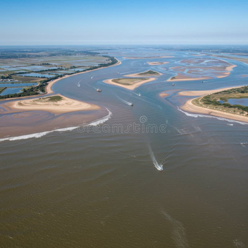 Aerial View of a River Estuary with Boats Stock Illustration ...