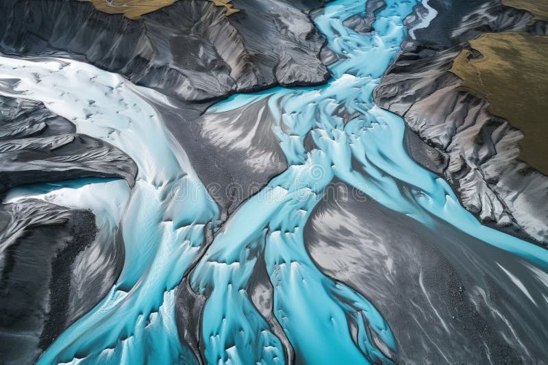An Aerial View of a River Flowing through a Mountain Valley with Blue ...