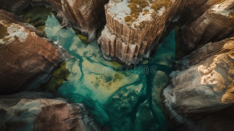 An Aerial View of a River Flowing between Two Large Rocks Stock ...