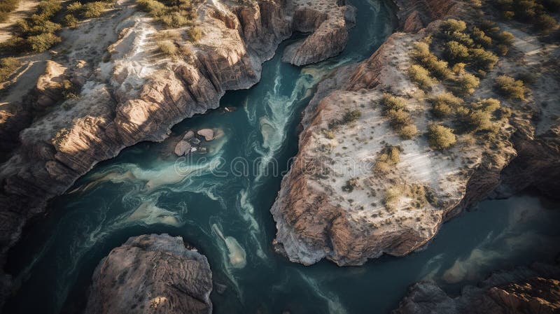 An Aerial View of a River Flowing between Two Rocky Mountains Stock ...