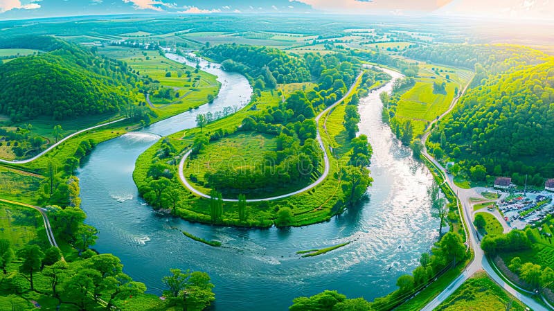 Aerial View of a River and Green Hills Stock Image - Image of view ...