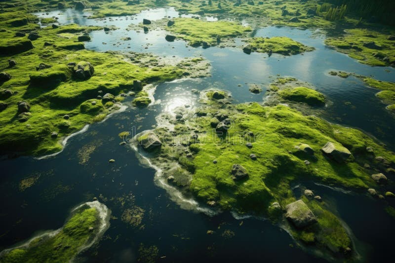 Aerial View of a River with Green Moss Growing on the Bank Stock Photo ...