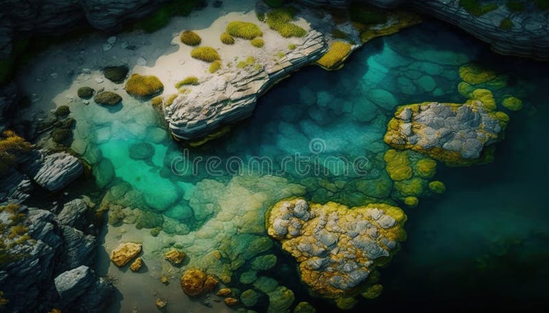 An Aerial View of a River with Rocks and Green Algae in the Middle of ...