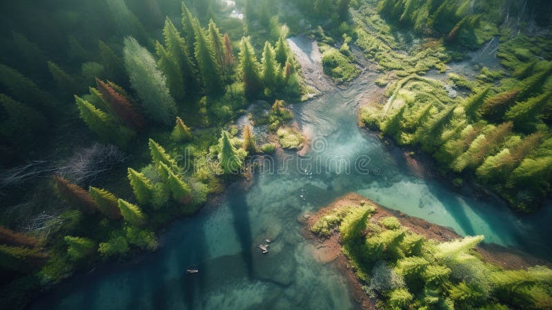 An Aerial View of a River Running through a Lush Green Forest Stock ...
