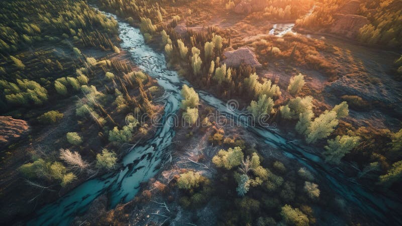 An Aerial View of a River Running through a Wooded Area Stock ...