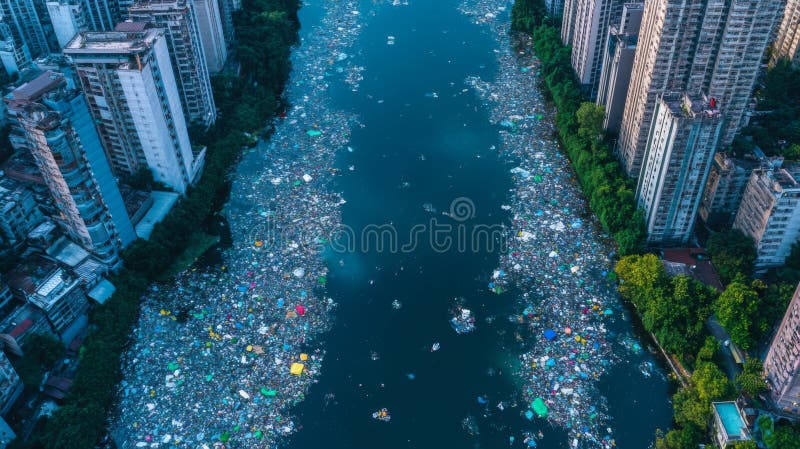 Aerial View of a River Severely Polluted with Plastic Waste between ...