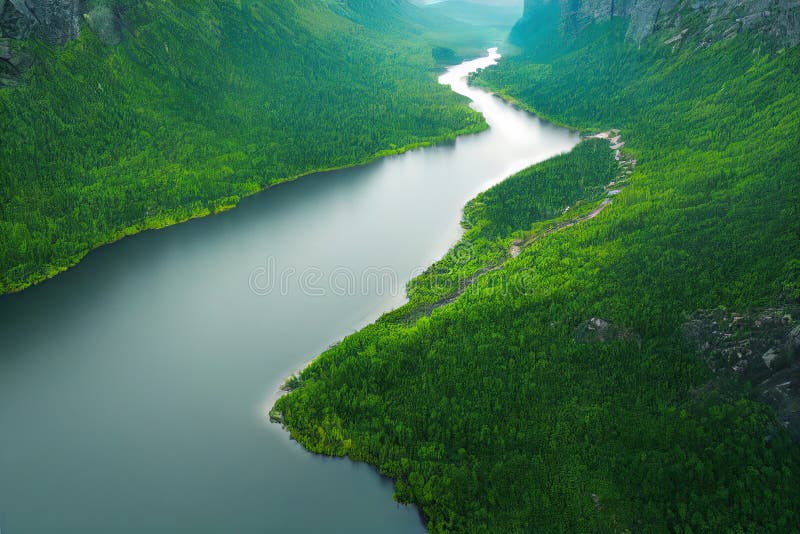 Aerial View of River Stream through Hills and Dense Vegetation Stock ...
