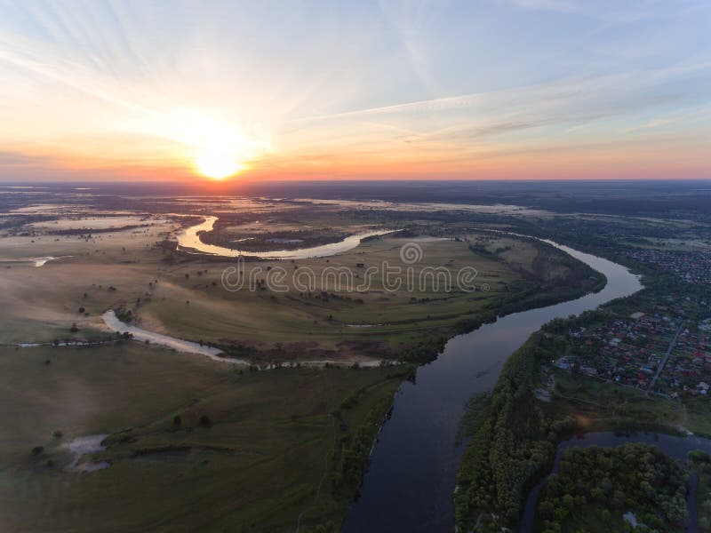 Aerial View of River at Sunrise Stock Image - Image of landscape ...