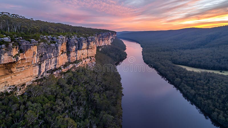 Aerial View of a River Valley at Sunset, with Cliffs and Lush Forest ...