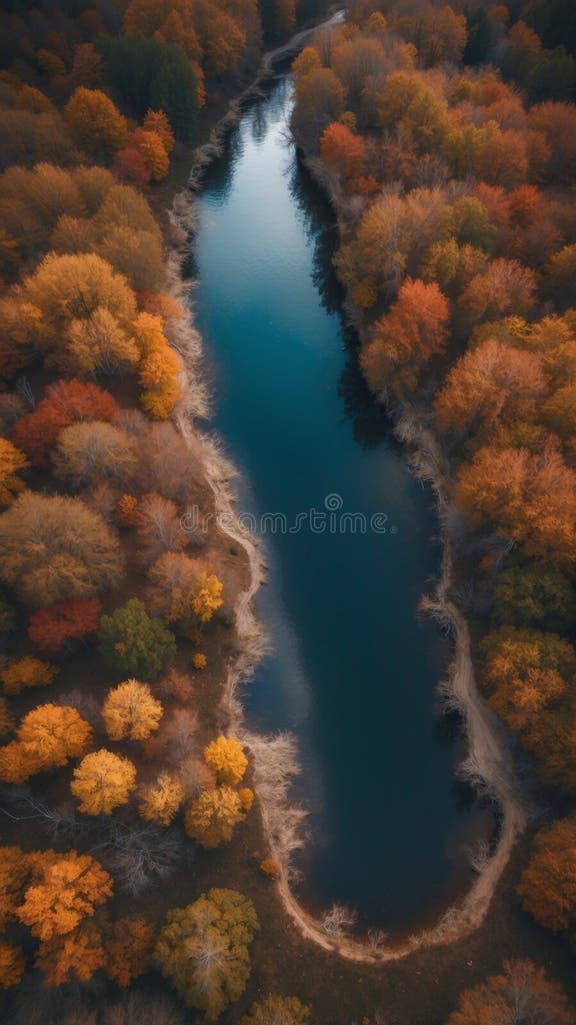 Aerial View of a River Winding through a Forest in Autumn. Stock ...