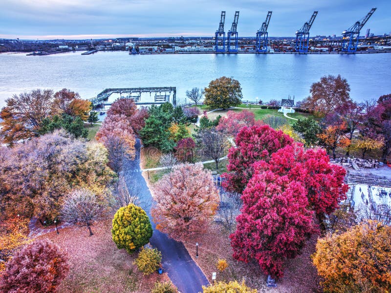 Aerial View of a Riverfront Park in Fall Colors Editorial Photo - Image ...