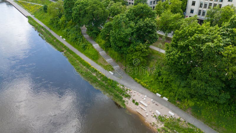 Aerial View of Riverside Park with Walking Path and Beach Area Stock ...