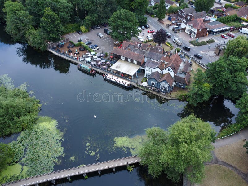Aerial View of Riverside Pub and Bridge in Hoddesdon UK Stock Image ...