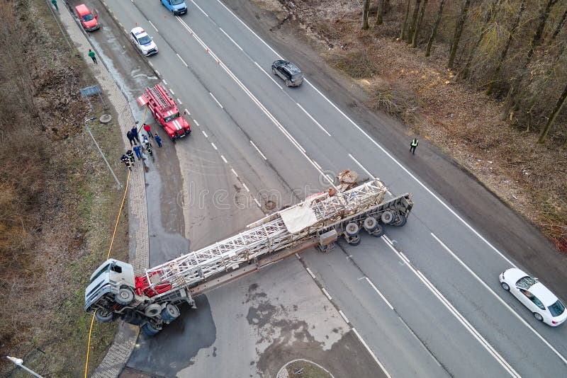 Aerial View of Road Accident with Overturned Truck Blocking Traffic ...