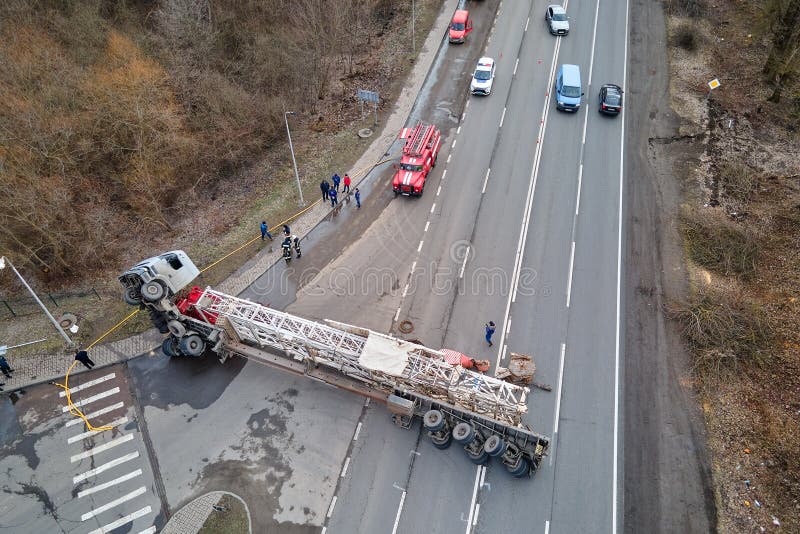 Aerial View of Road Accident with Overturned Truck Blocking Traffic ...