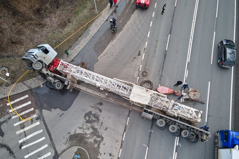 Aerial View of Road Accident with Overturned Truck Blocking Traffic ...