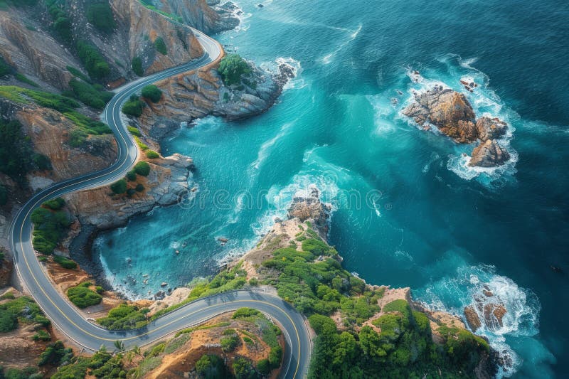 Aerial View of Road Along the Ocean Stock Photo - Image of mountain ...