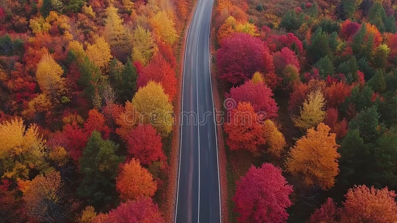 Aerial View of Road through Autumn Forest. Fall Foliage Colors Stock ...