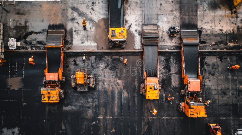 Aerial View of Road Construction: Asphalt Paving Machines and Workers ...