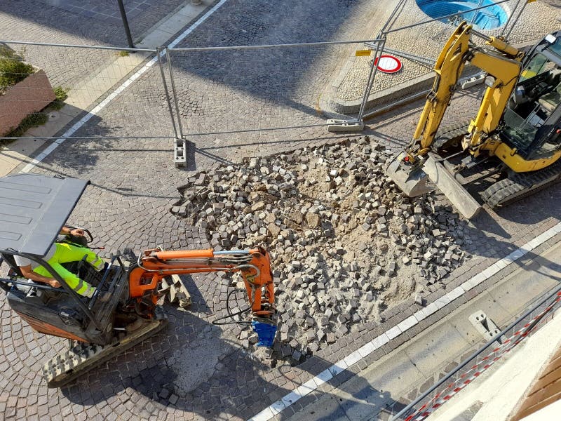 Aerial View of a Road Construction Site - Digging the Cobblestones ...