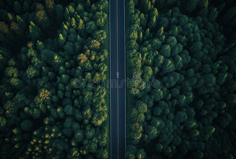 Aerial View of a Road through an Evergreen Forest Stock Image - Image ...