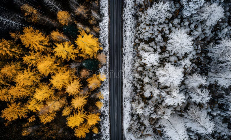Aerial View of the Road through the Forest in Fall and Winter Concept ...