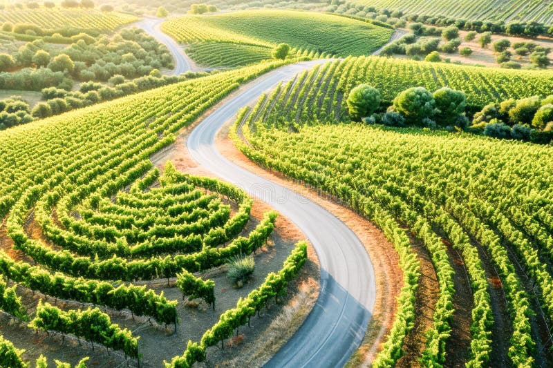 Aerial View of a Road Passing through a Vineyard Field Stock ...