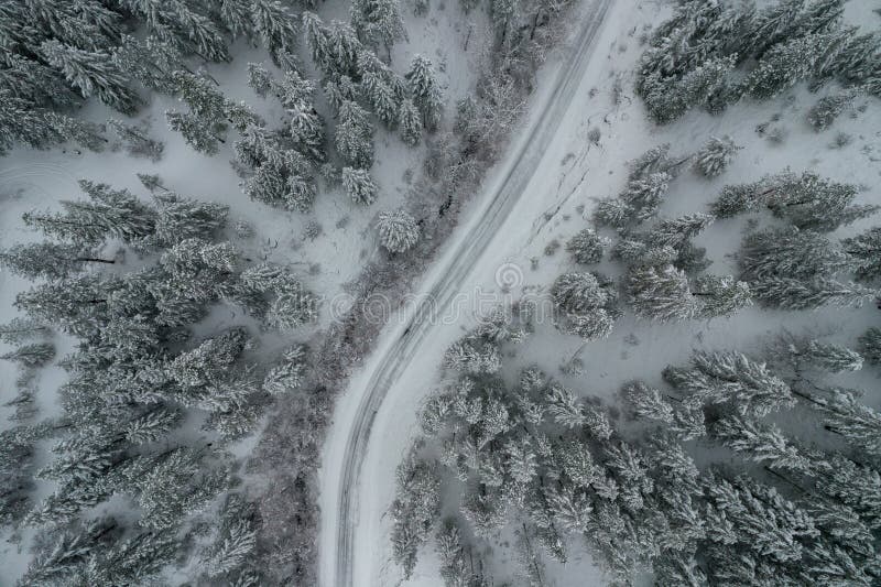 Aerial View of a Road in the Snow Covered Cascade Mountains Stock Photo ...