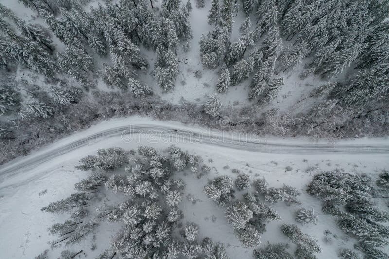 Aerial View of a Road in the Snow Covered Cascade Mountains Stock Photo ...