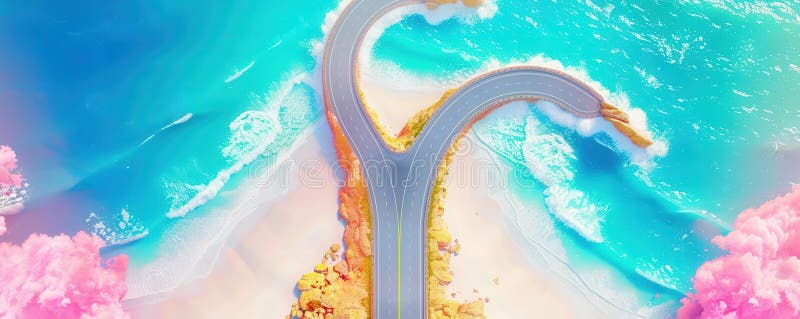 Aerial View of a Road Splitting into Two Paths by the Beach Stock ...