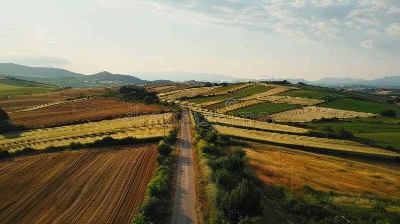 Aerial View of a Road Trip Countryside with Patchwork Fields Stock ...