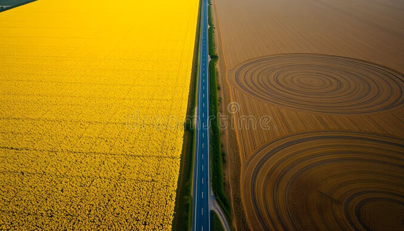 Aerial View of Road through Yellow Field and Brown Patterned Field ...