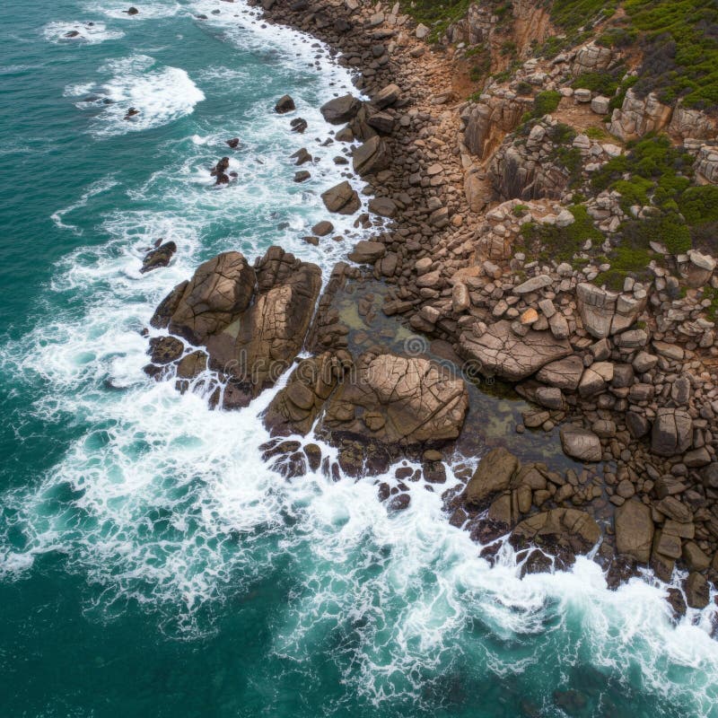 Aerial View of Rocky Coastline with Waves Stock Illustration ...