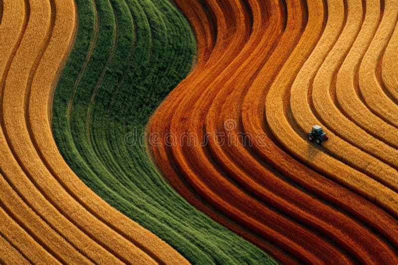 Aerial View of Rolling Farmland with Tractor Stock Illustration ...